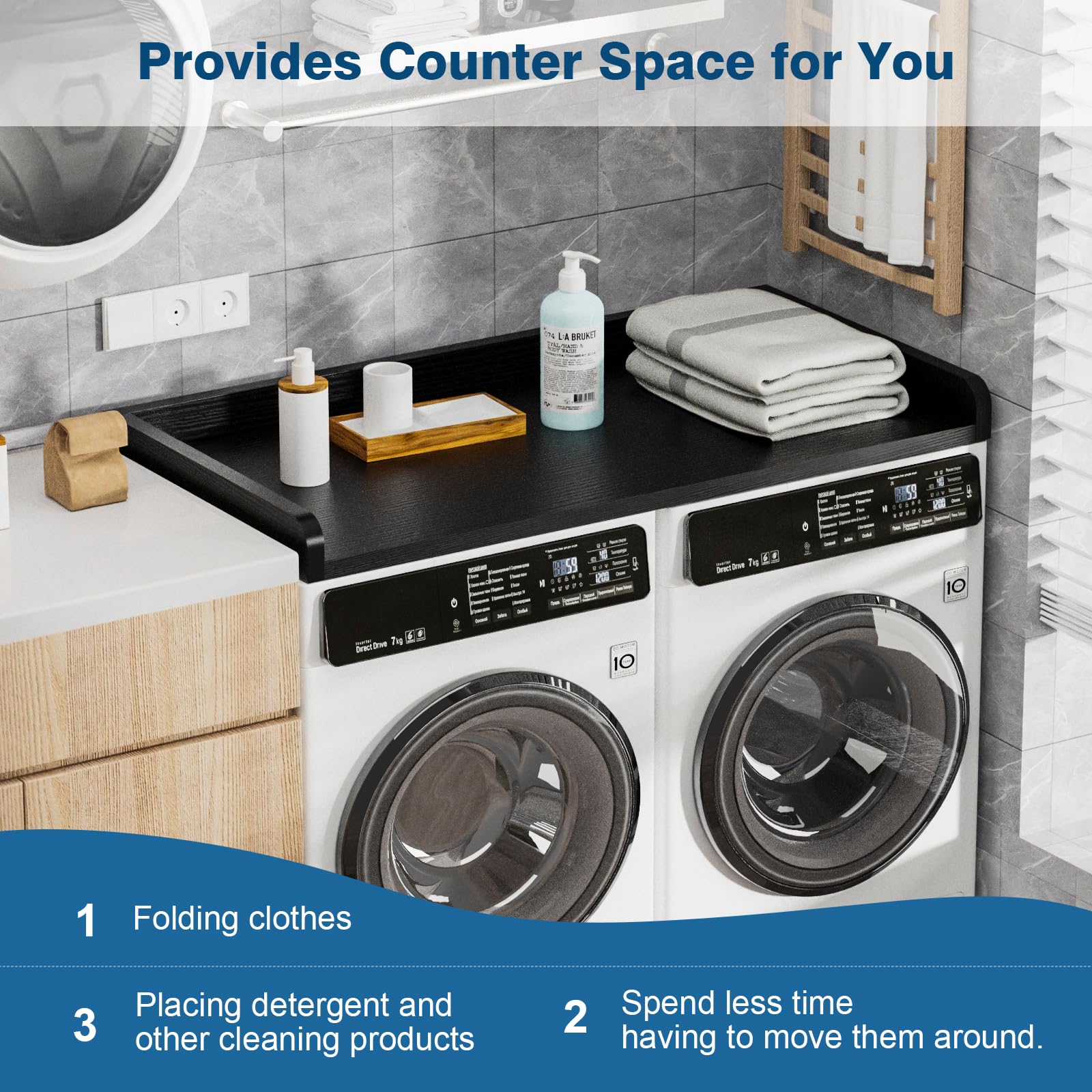 Washer Dryer Countertop 27.5" W x 54" L Laundry countertop for Storage and Organization with Edge Rails, Black