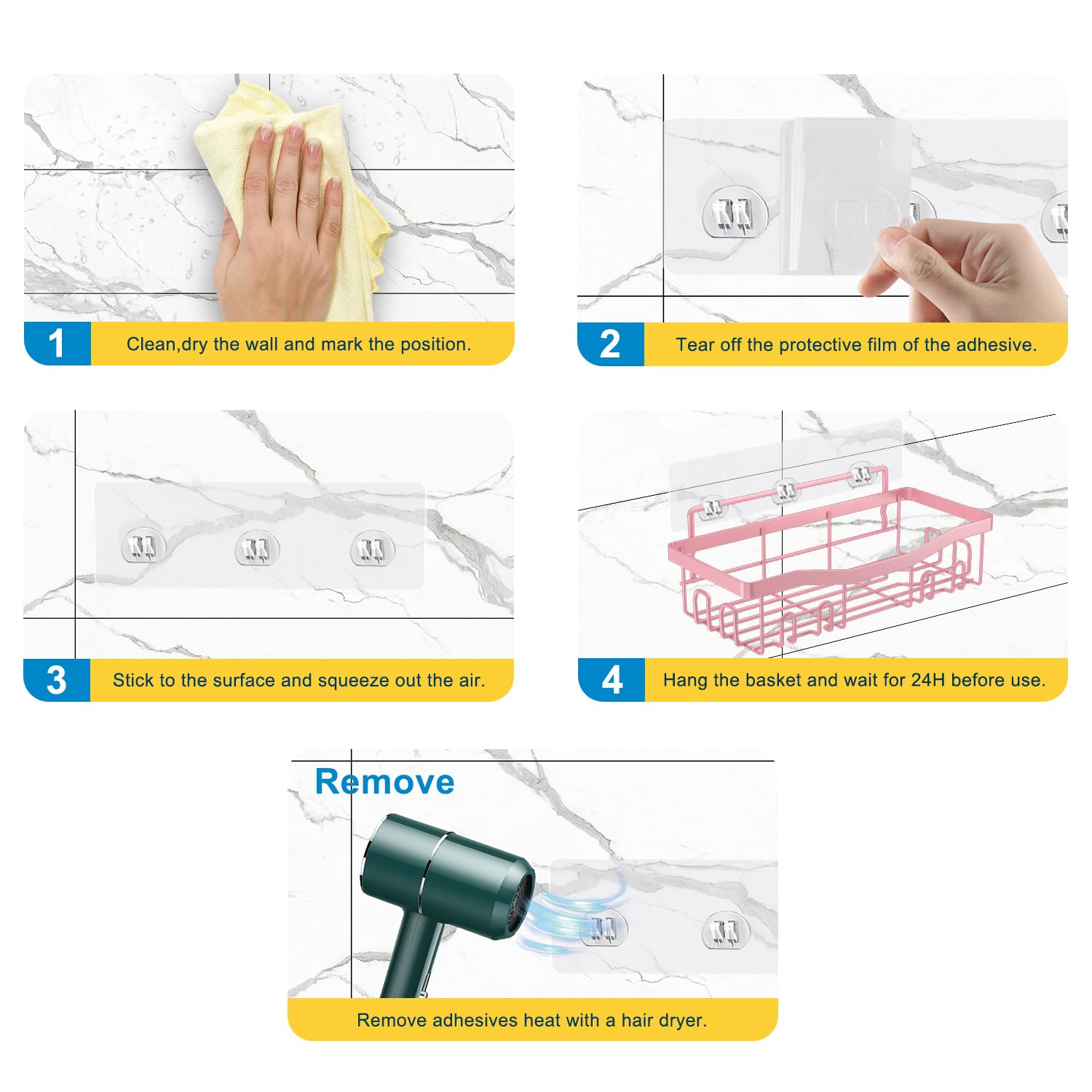 Youvip Pink Shower Caddy, Shower Organizers [5-Pack], Rustproof Bathroom Shower Shelves for Inside Shower, Adhesive Shower Caddy with Soap Caddy & Toothbrush Holder No Drilling