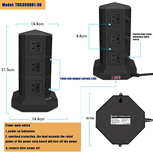 Powerjc Tower Power Strip Surge Protector Socket 12 AC Outlets Smart 6 USB Ports Chargers 10 Feet Long Extension Cord Indoor Black
