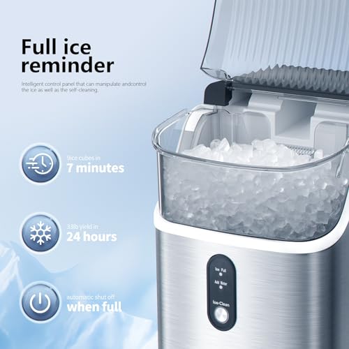 ZAFRO Nugget Ice Maker Countertop,One-Click Self-Cleaning Portable Ice Machine with Ice Scoop and Basket,Soft Chewable Ice in 7 Mins,35lbs/24H,for Home Kitchen Office Party,Stainless Steel Silver