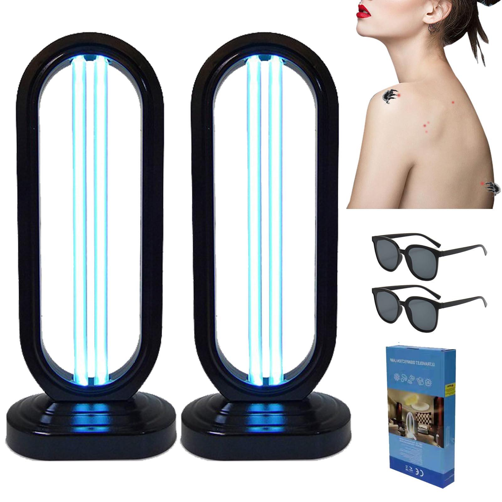 Uvo Lamp - Home Disinfection Device, Haloclean UV Bed Bugs, UV Light Sanitizer Wand, Ultraviolet Light with 3- Speed Timing and Remote Control, 38w 110v UV Lamp (Black*2)