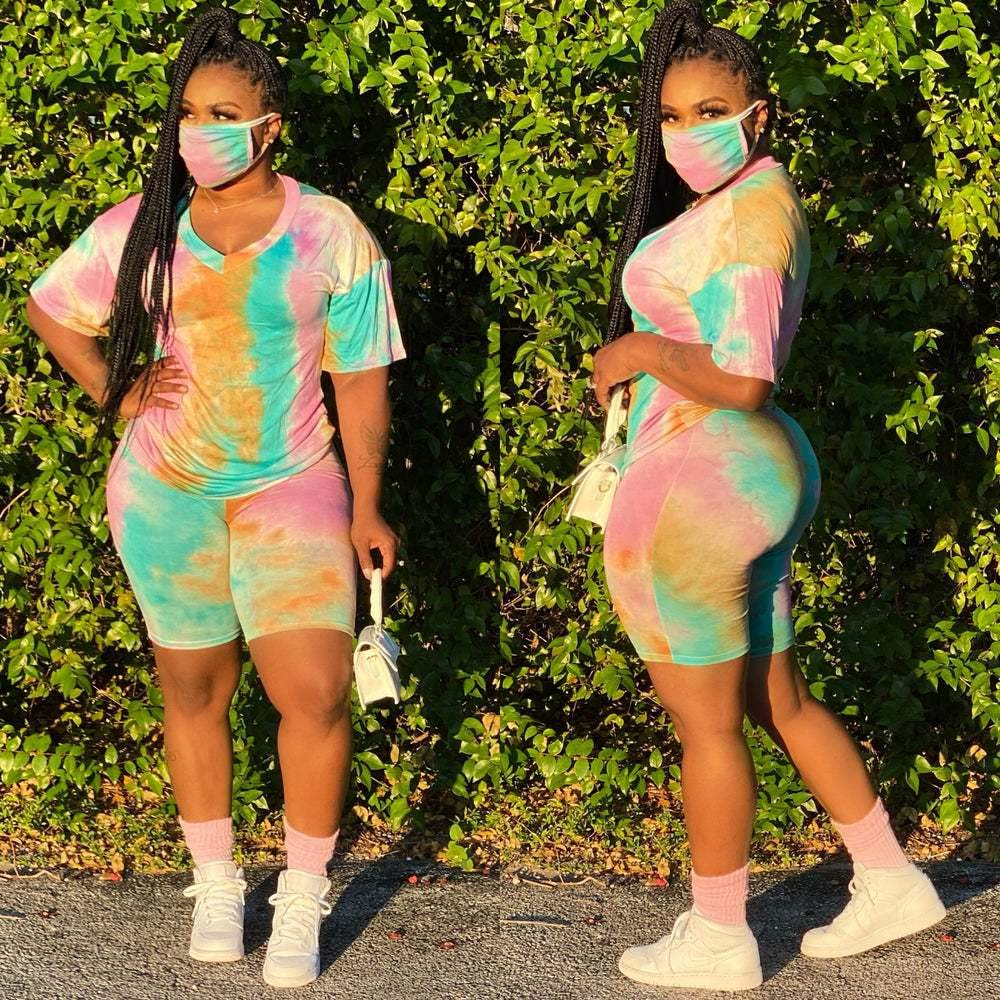 JNINTH Two Piece Tie Dye Outfits Casual V Neck Women Tracksuits Shorts Sets (Bright Green, s)