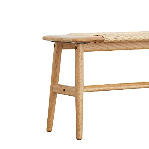Tennozu Woven Bench, 32" L FAS Grade 100% Solid Oak Wood Dining Room Bench w/Rustic, Hand Woven Design, Firm Mortise & Tenon Structure, Long Bench for Dining Room/Entryway/Bedroom, White (Beige)