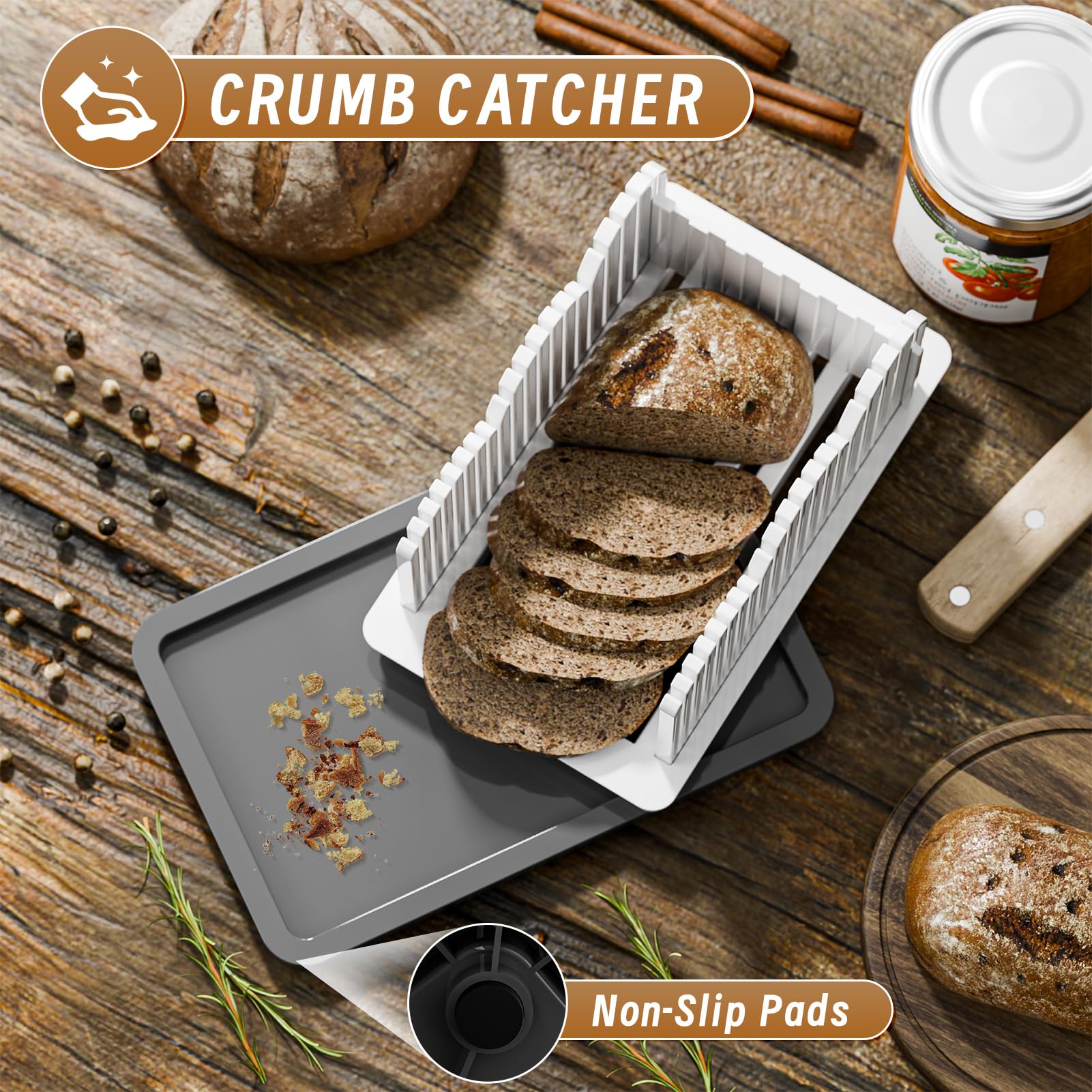 Upgrade Bread Slicer for Homemade Bread + Bread Bag, 3 Alternatives Slice Thickness Bread Slicing Cutting Guide with Crumb Tray, Adjustable Width Length Suitability for Homemade Bread, Sandwich, Cake