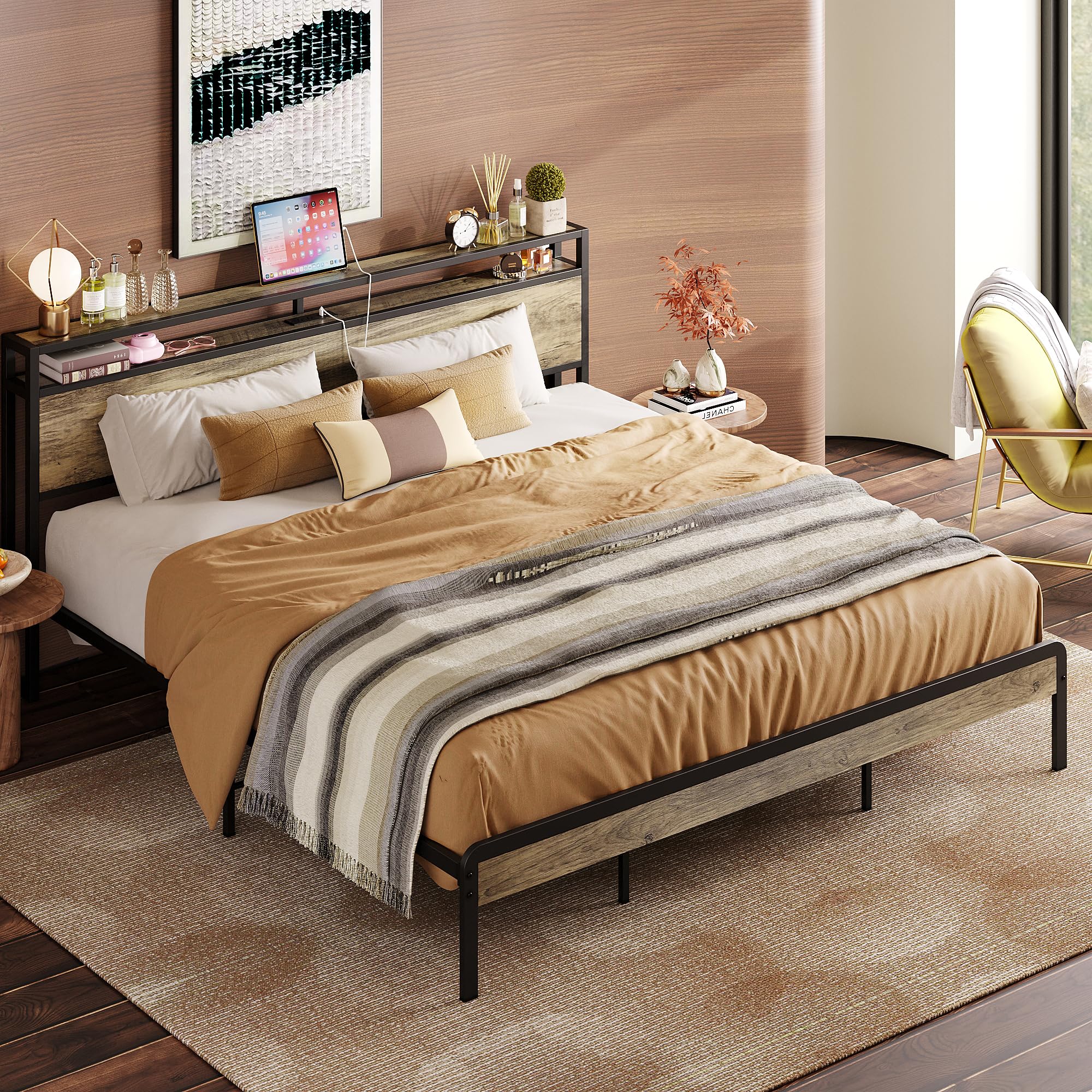 IRONCK Bed Frame,Platform Bed with 2-Tier Storage Headboard and Power Outlets, USB Ports Charging Station, Sturdy and No Noise, No Box Spring Needed, Easy Assembly, King Size, Walnut