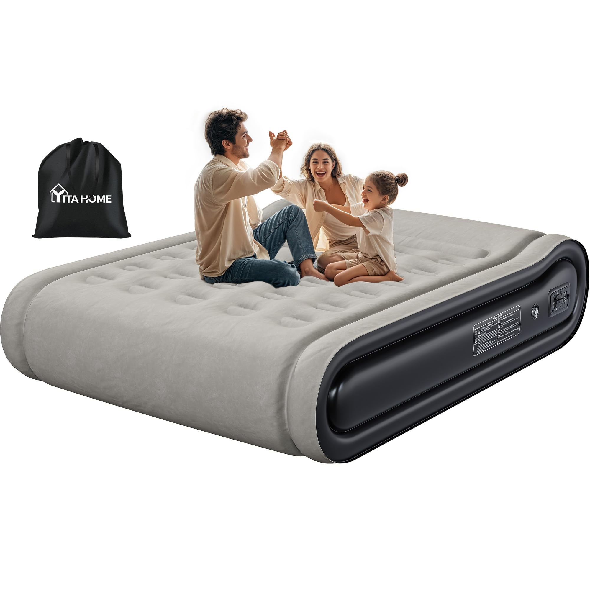 YITAHOME 18'' Flocked Top Queen Air Mattress with External Pump and Headboard, Durable Inflatable Bed, Blow-Up Mattress for Indoor and Outdoor Use, Brown