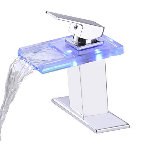 Qeemee LED Light Bathroom Sink Faucet, 3 Colors Changing Waterfall Glass Spout Faucet, Single Handle Single Hole Cold and Hot Water Mixer Vanity Sink Tap (Chrome)
