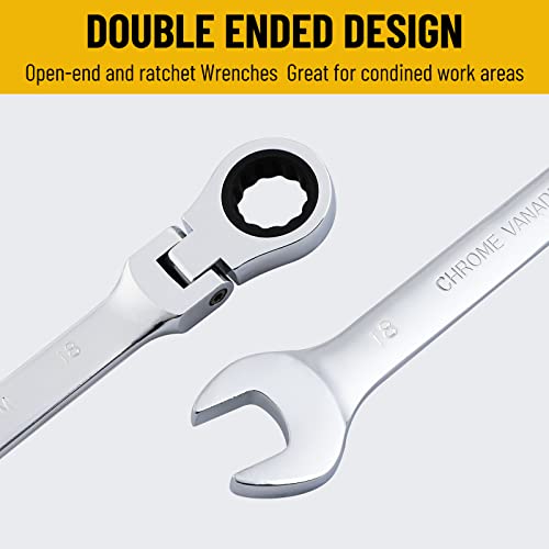 Pilida 18mm Ratcheting Combination Wrench 12 Point Metric Flex Head Gear Wrench Rachet Box End Spanner 72 Teeth Chrome Vanadium Steel