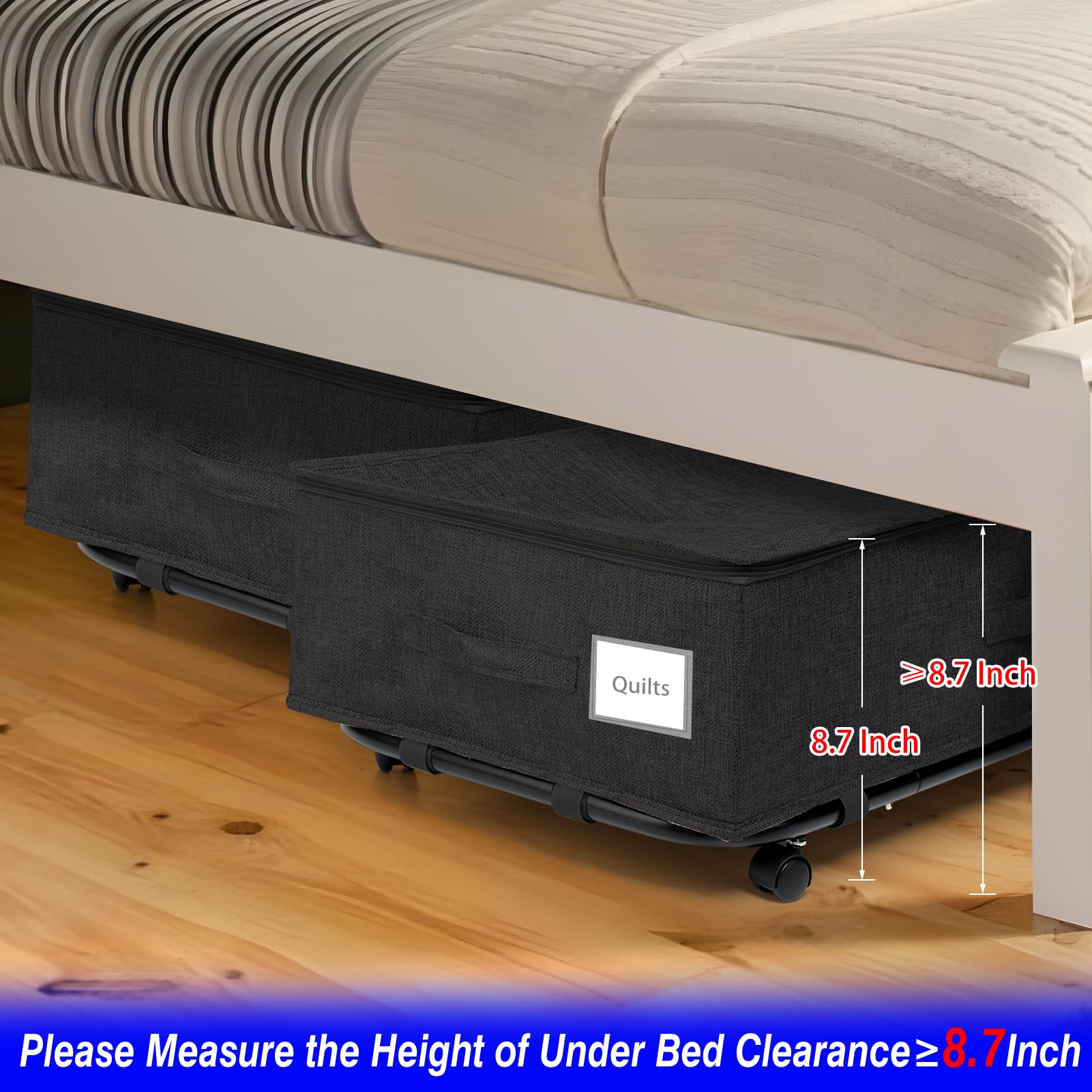 Under Bed Storage with Wheels Lid, Metal Bottom Support Under the Bed Storage Containers, Tall 8.7inch 50L Large Underbed Storage Drawer Organizer Bins for Clothes Blanket Toys 2 Pack