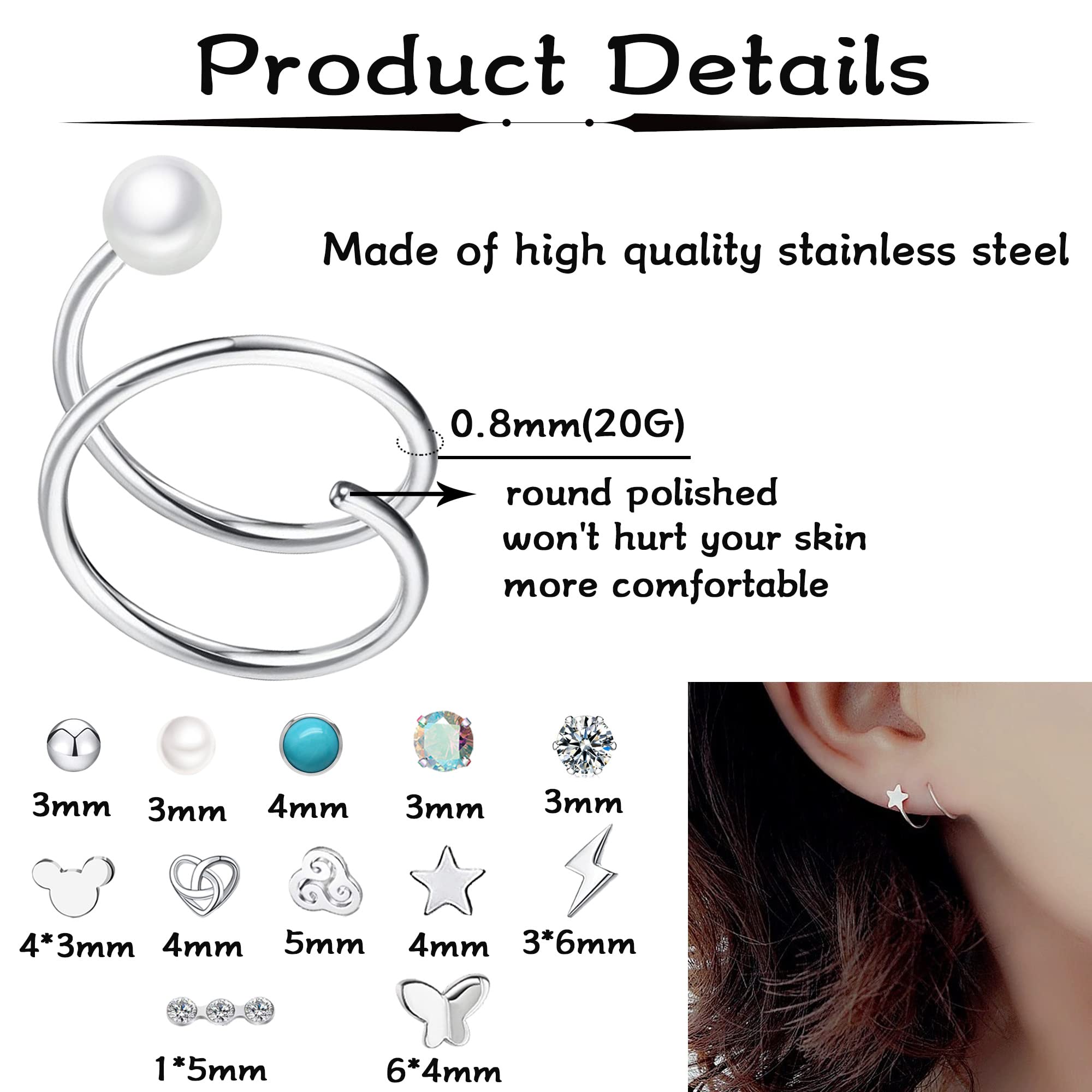MJust 20G Double Nose Rings Hoops for Single Piercing Double Hoop Nose Ring for Women Silver