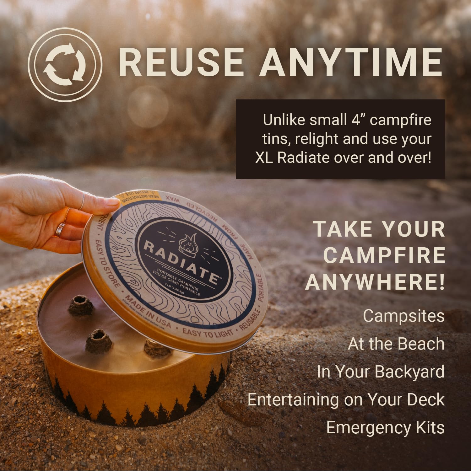 Radiate 2 Pack XL 8" Portable Campfire As Seen On Shark Tank - Up to 5 Hours of Burn Time - Reusable Travel Fire Pit for Camping, Patios and Beach Days - Great Alternative to a Real Fire - Made in USA