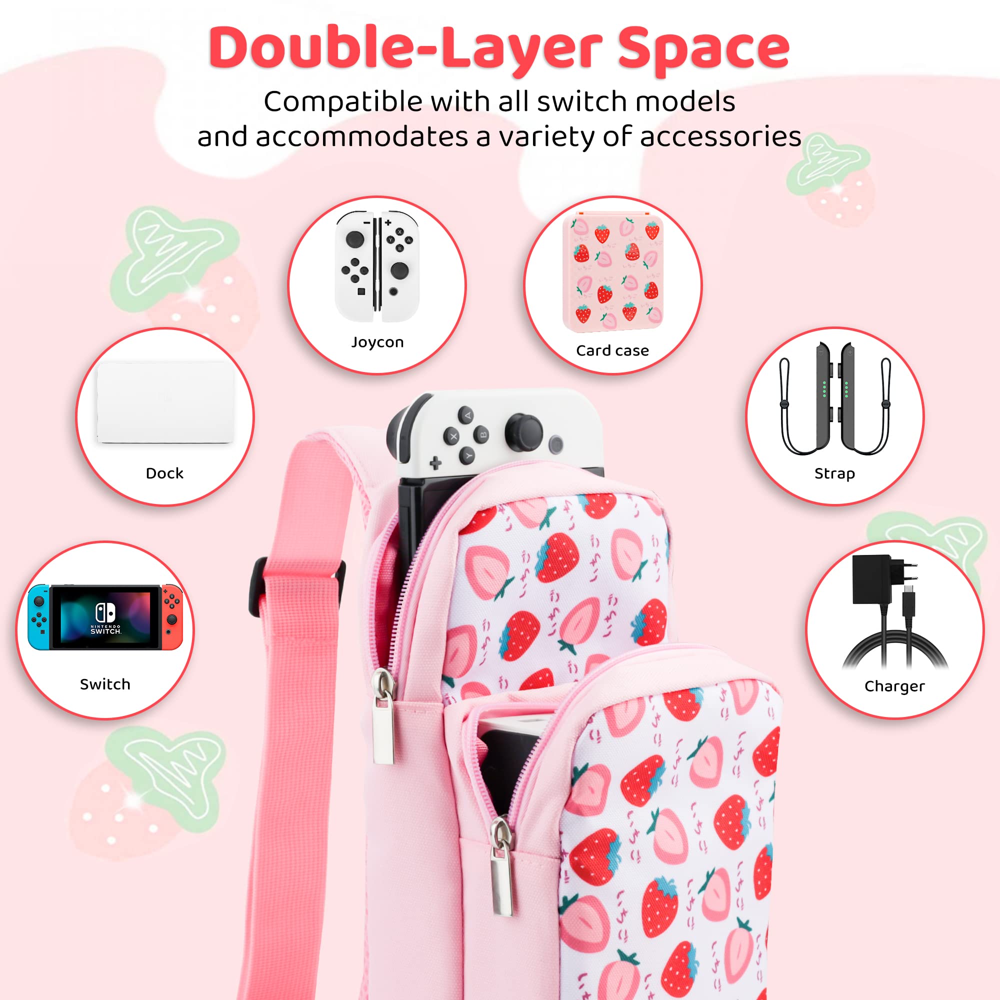 RHOTALL Pink Travel Bag for Nintendo Switch/Lite/OLED,Large Capacity Portable Carrying Case Compatible for Chest Shoulder Accessories Storage Backpack with12 Slots Game Case,Thumb Grip Caps-Strawberry