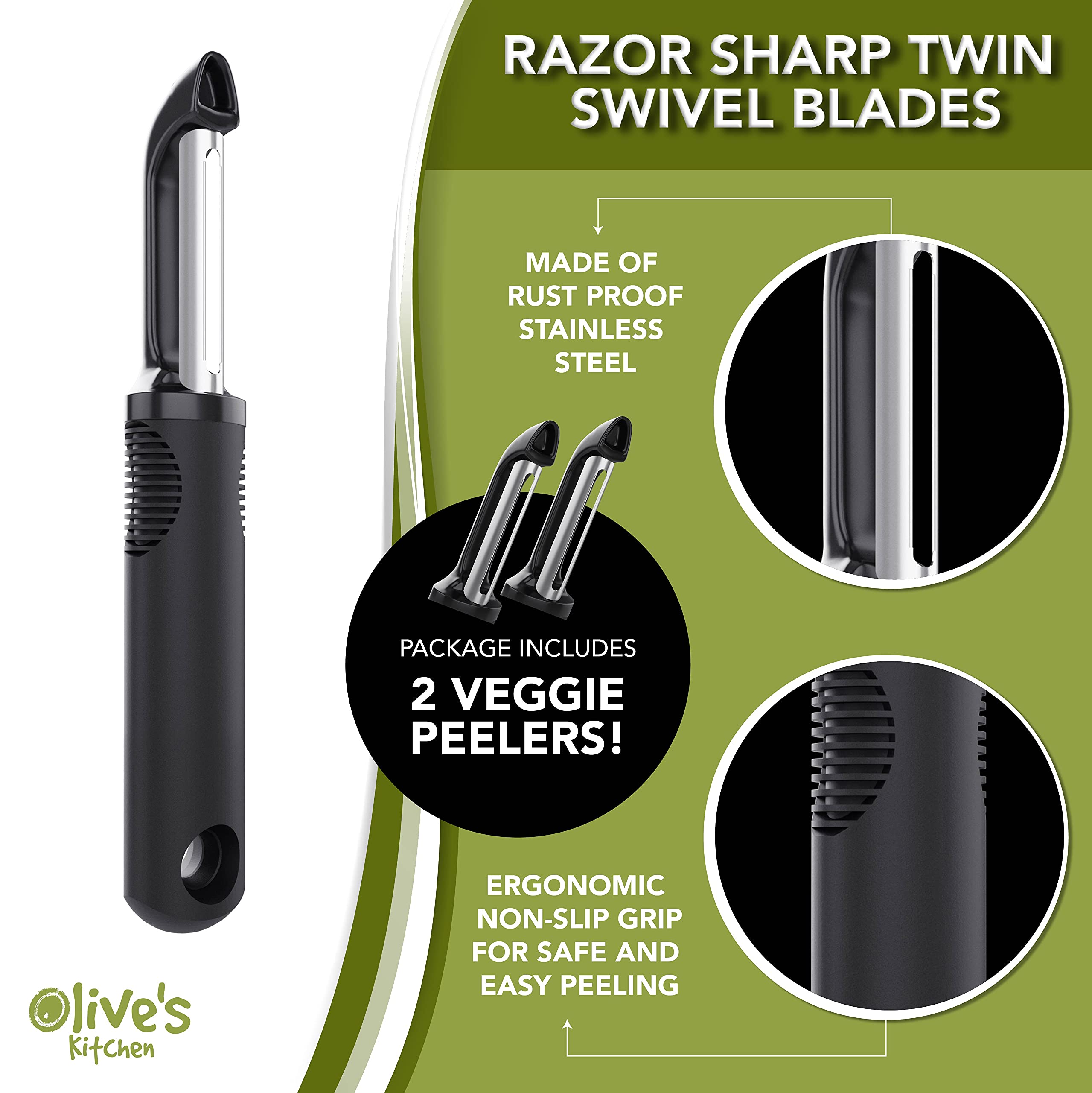 Olive's Kitchen Vegetable Peeler Set β Ergonomic Grip Peelers for Kitchen w/Razor-Sharp Swivel Blades - Stainless Steel Fruit Peeler for Potato, Apple, Carrot, Cucumber - Veggie Peeler (2 Pack)
