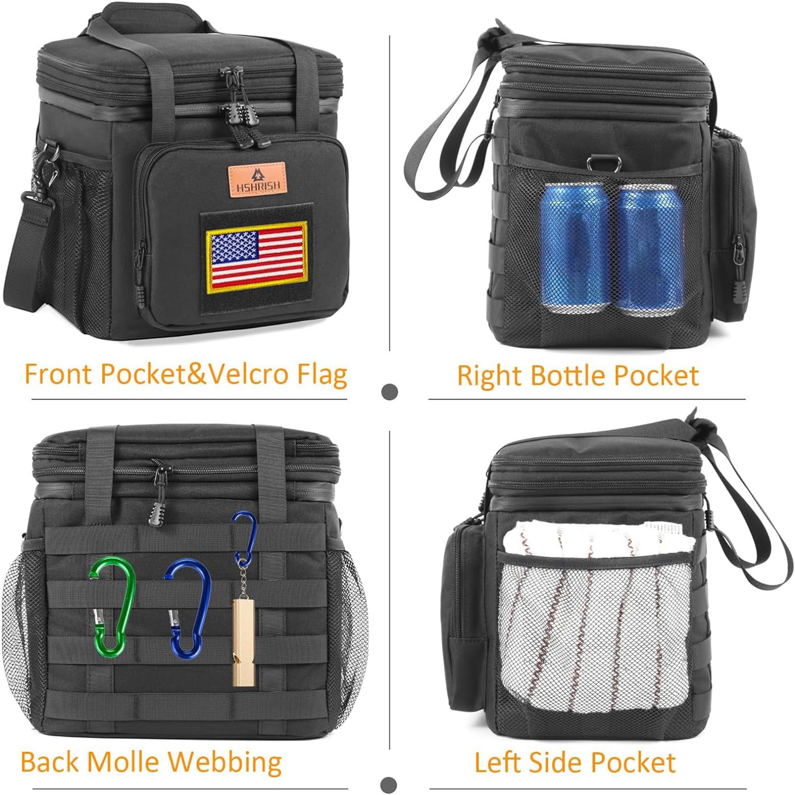 HSHRISH Expandable Tactical Lunch Box, Double Deck Large Insulated Lunch Bag for Men, Durable Leakproof Cooler Bag for Adult Work Shift Outdoor Trips, 20 Can/16 L, Black