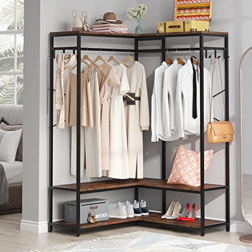 Tribesigns L Shaped Garment Rack, Heavy Duty Wardbrobe Rack, Heavy Duty Wood Clothing Rack with Double Rods Clothes Rack with Storage Shelves and Side Hooks for Hats