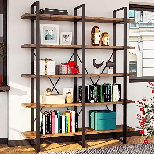 IRONCK Industrial Bookshelf and Bookcase Double Wide 5 Tier,Book Cases Wood and Metal Bookshelves for Home Office, Easy Assembly, Vintage Brown