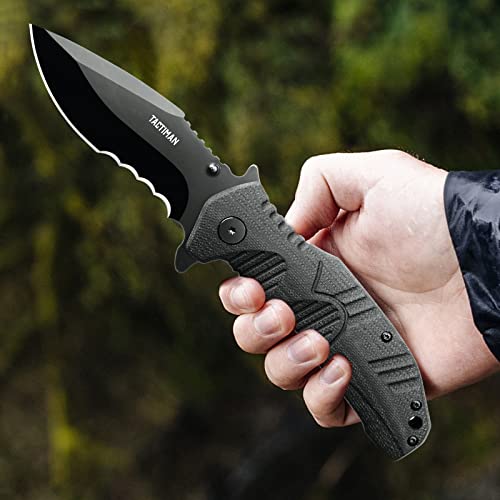 TACTIMAN Pocket Folding Knife Survival Gear Tactical Knife with Liner Lock Stainless Steel Blade in Black Oxidation G10 Handle Reversible Pocket Clip Gifts for Men Dad Husband