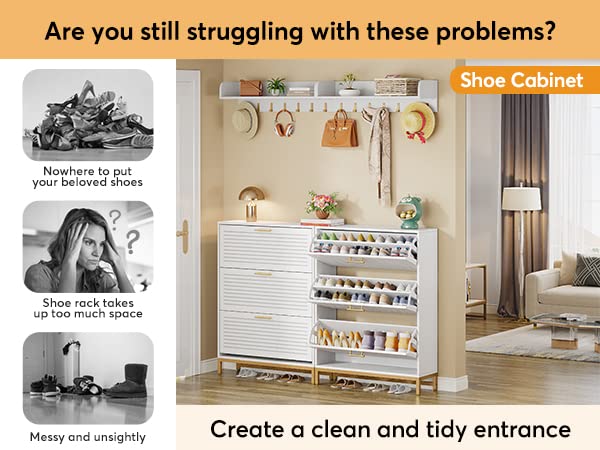 Tribesigns Narrow Shoe Cabinet, Shoes Cabinet and Coat Rack Set, Flip Drawer Shoe Storage Cabinet for Entryway, White Shoe Organizer Cabinet