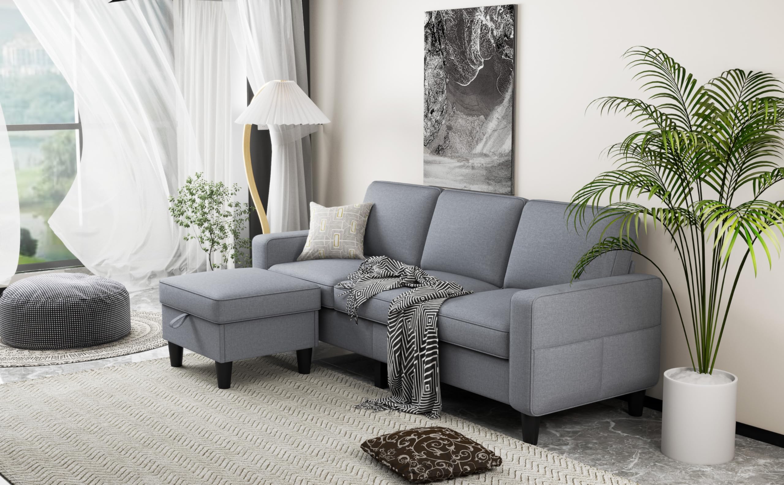 ZeeFu Convertible Sectional Sofa Couch: 78'' Light Gray 3 Seat L-Shaped Sofa Couches with Storage Ottoman - Modern Linen Fabric Upholstered Furniture Sofa for Living Room Office Small Space Apartment
