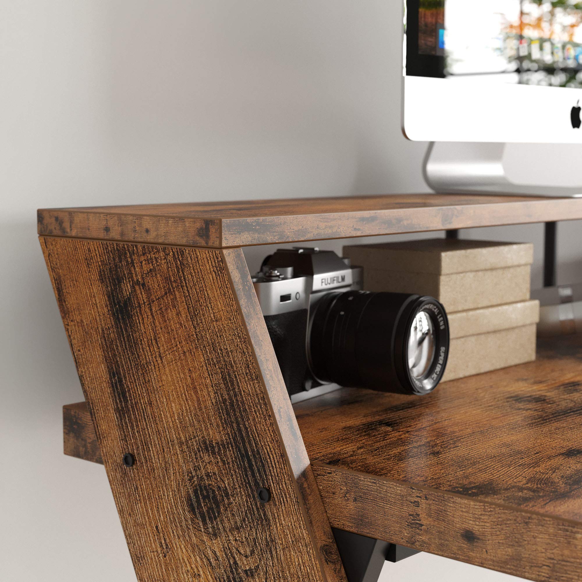 IRONCK Industrial Computer Desk 47", Office Desk with Monitor Shelf, with Thicker Tabletop and Diagonal Wood Legs, Studying Writing Table for Home Office