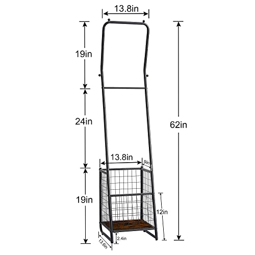 VECELO Metal Coat Rack Stand with Anti-Drop Design, Space Saving Hall Trees with Steel Basket,Small Garment Organizer with 2 Handy Cloth Rails and Slipper Space, Rectangle, Rustic Brown