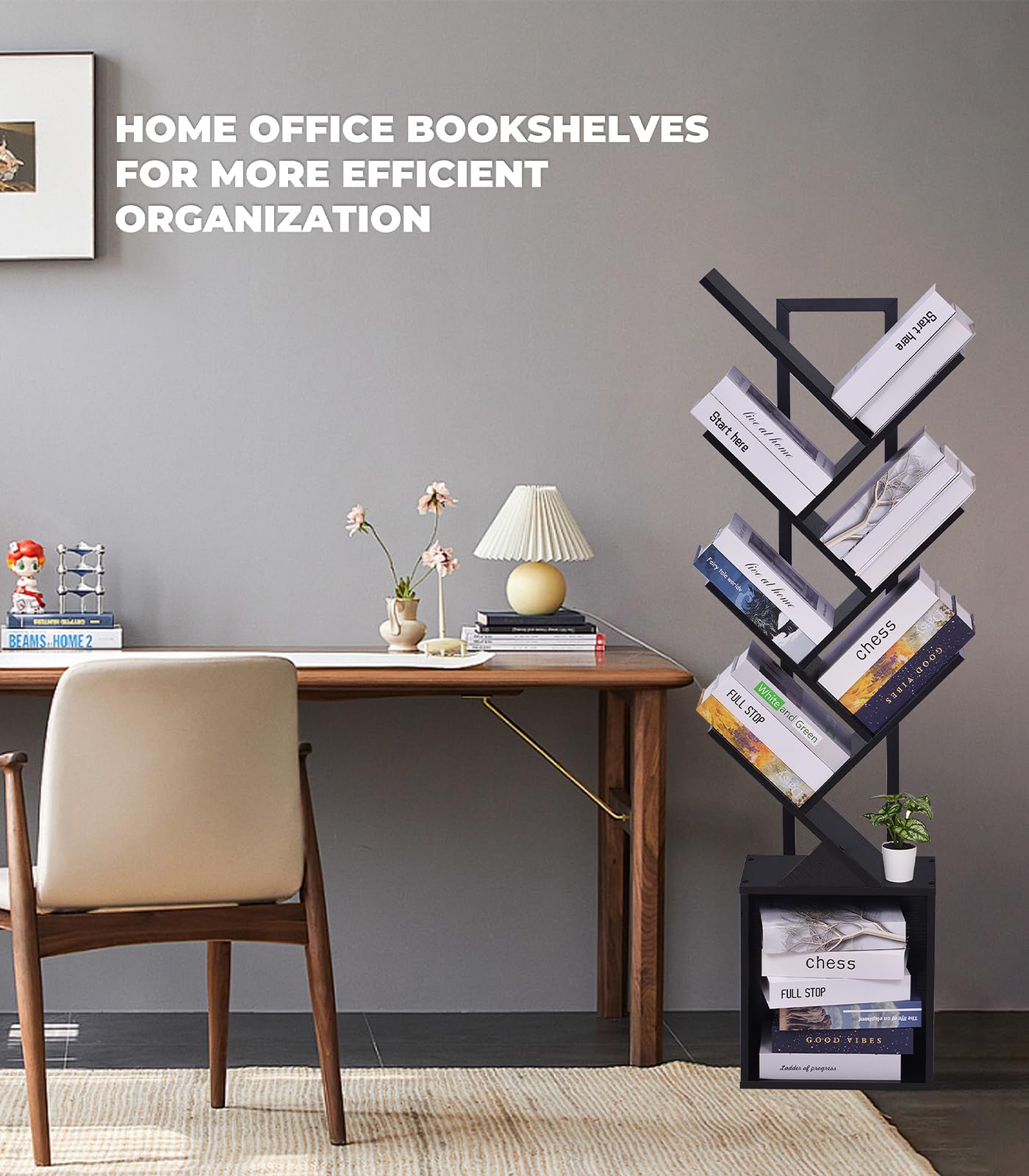 YSVCO 7 Tier Tree Bookshelf, Tall Narrow Wood Book Shelf, Freestanding Bookcase with Storage Cabinet, Floor Standing Display Storage Shelf for CD/Book, Living Room, Home Office Black BS36BS
