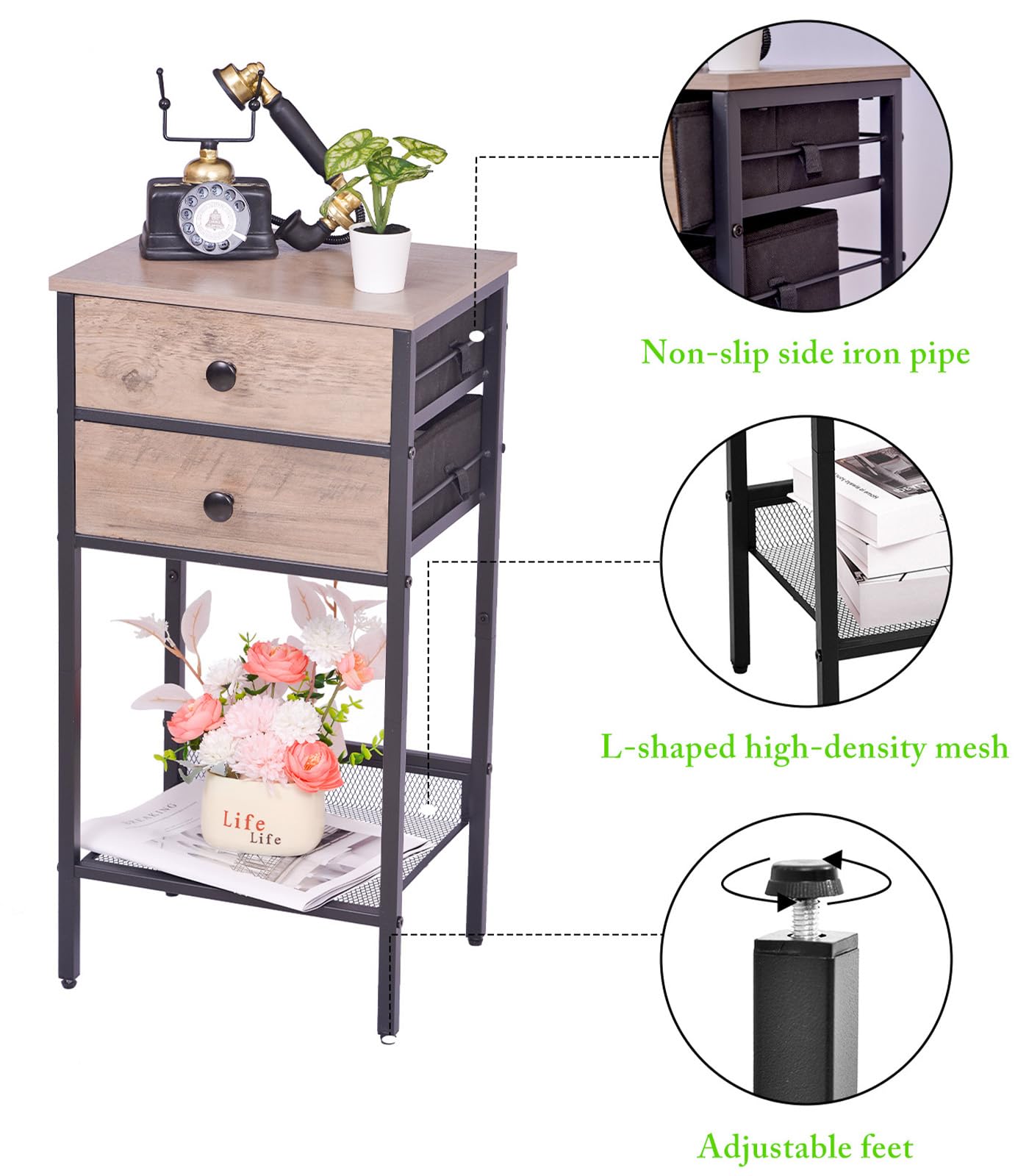 YSVCO Tall Nightstand, Bedside Table with 2 Fabric Drawers, 26.3" Tall End Table for Small Spaces, Industrial Telephone Table, Small Side Table Stand for Bedroom Black EB70BS