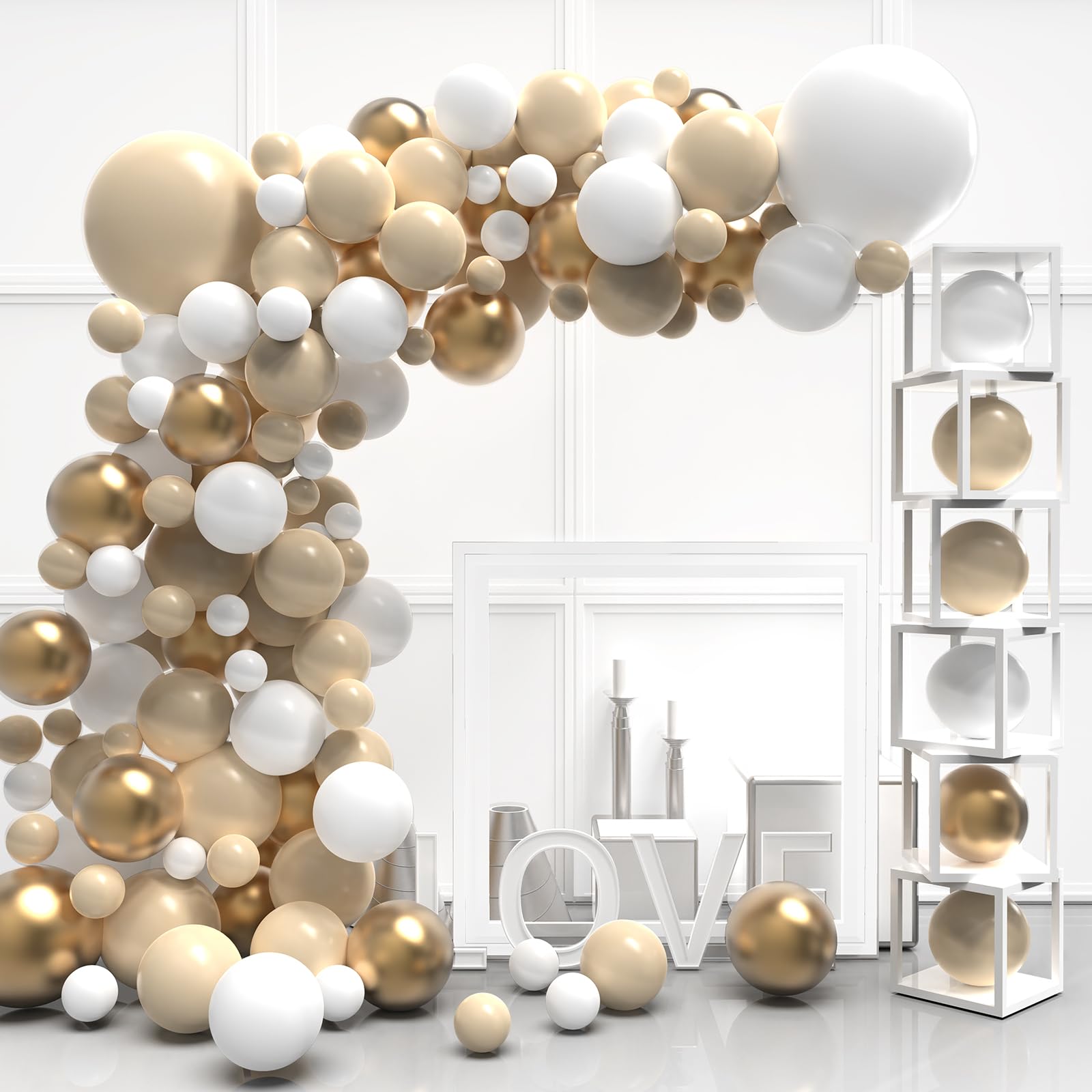 White Sand Gold Balloons Garland Arch,102 pcs Beige White Gold Balloons with for Boho Wedding Baby Bridal Shower Engagement Anniversary Birthday Decorations