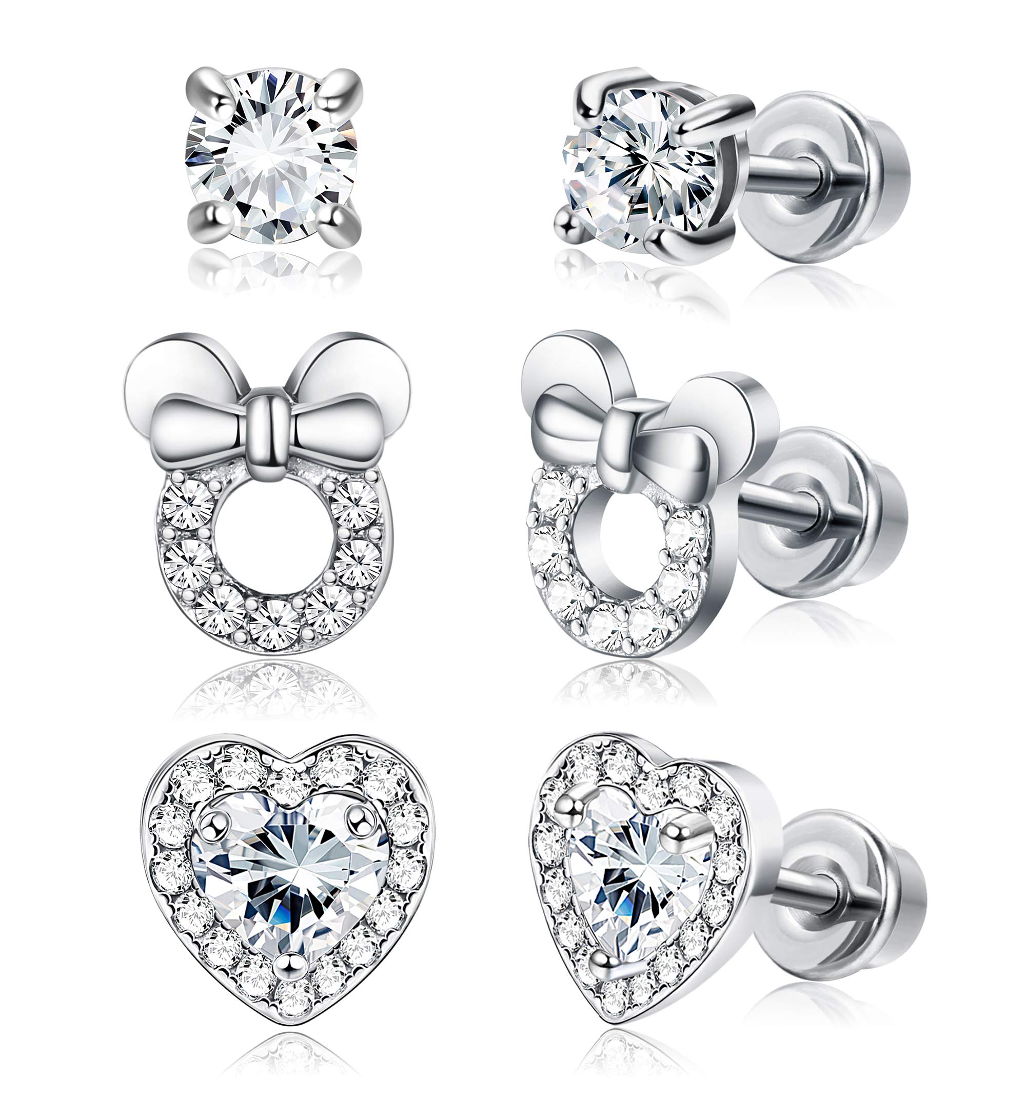 JOERICA 3 Pairs Hypoallergenic Screw Back Earrings for Women Surgical Steel Cute Heart Butterfly CZ Tiny Screwback Stud Earring