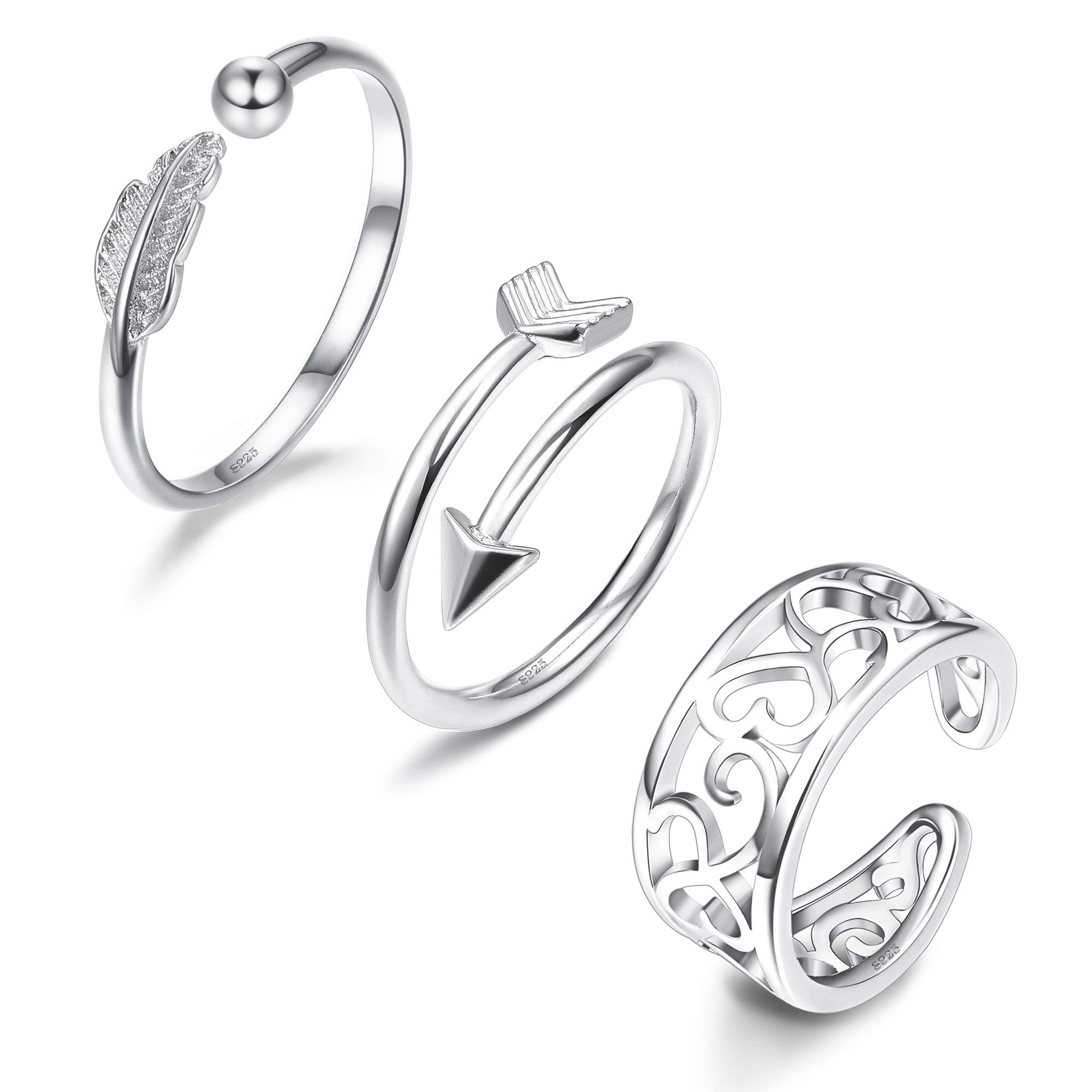 JOERICA 3PCS 925 Sterling Silver Toe Ring for Women Adjustable Minimalistic Wave Arrow Band Toe Rings Set Foot Jewelry