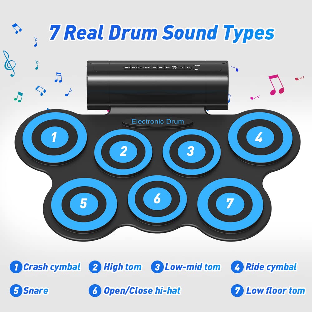 KONIX Electronic Drum Pad for Kids - 7 Pads Roll Up Electric Drum Kit Rechargeable - Digital Drum Sets with Headphone Jack, Speaker, Pedals, Demo Songs, MP3 USB Port, Sticks - Blue