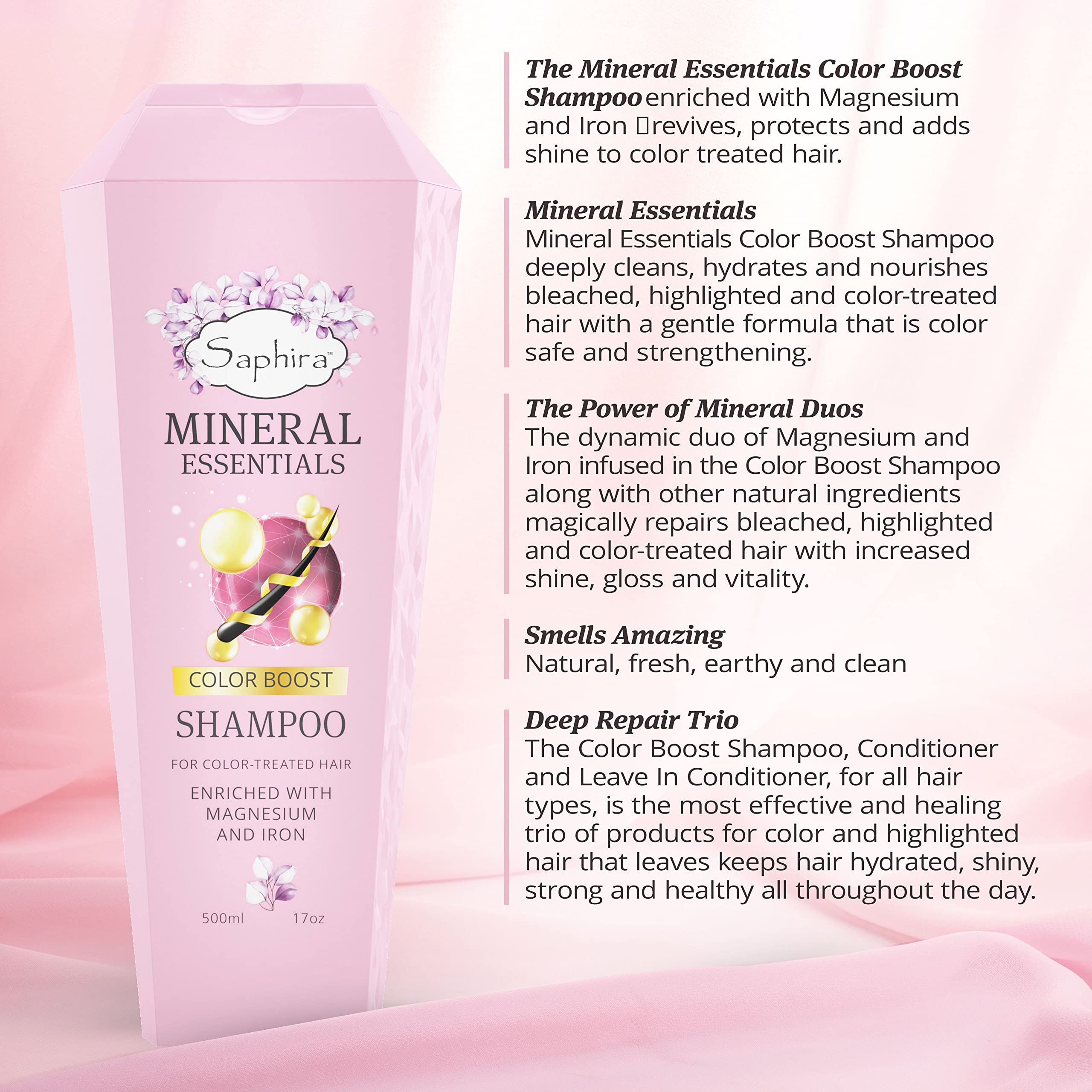 SAPHIRA MINERAL ESSENTIALS Color Boost Shampoo, Conditioner, and Leave-In Conditioner Bundle for Color-Treated Hair, Restores, Revives and Protects Dyed Hair