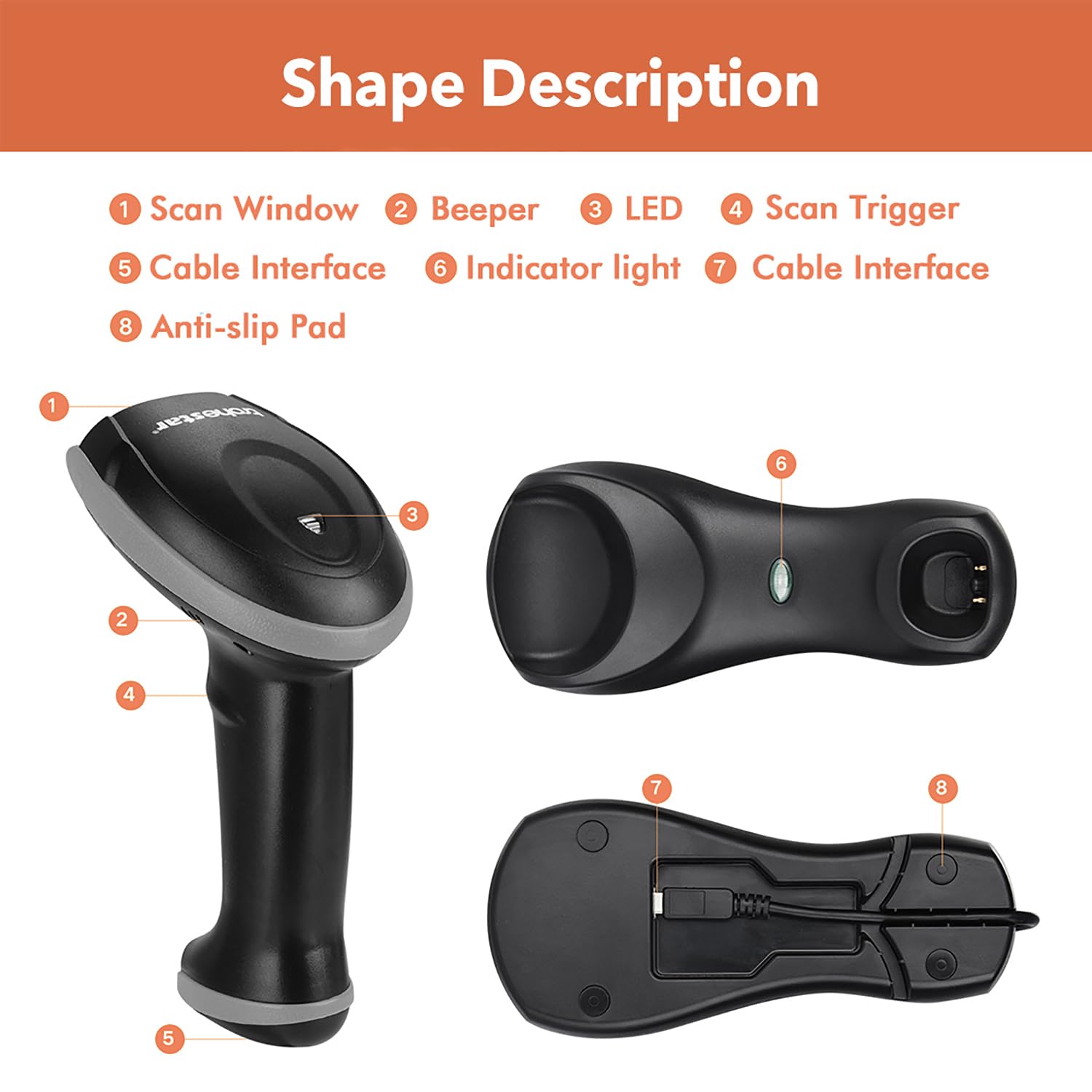 Trohestar Wireless 1D 2D QR Barcode Scanner, Compatible with Bluetooth Function & 2.4GHz Wireless & Wired Connection Bar Code Reader Scanner with Charging Cradle for Supermarket Retail Warehouse