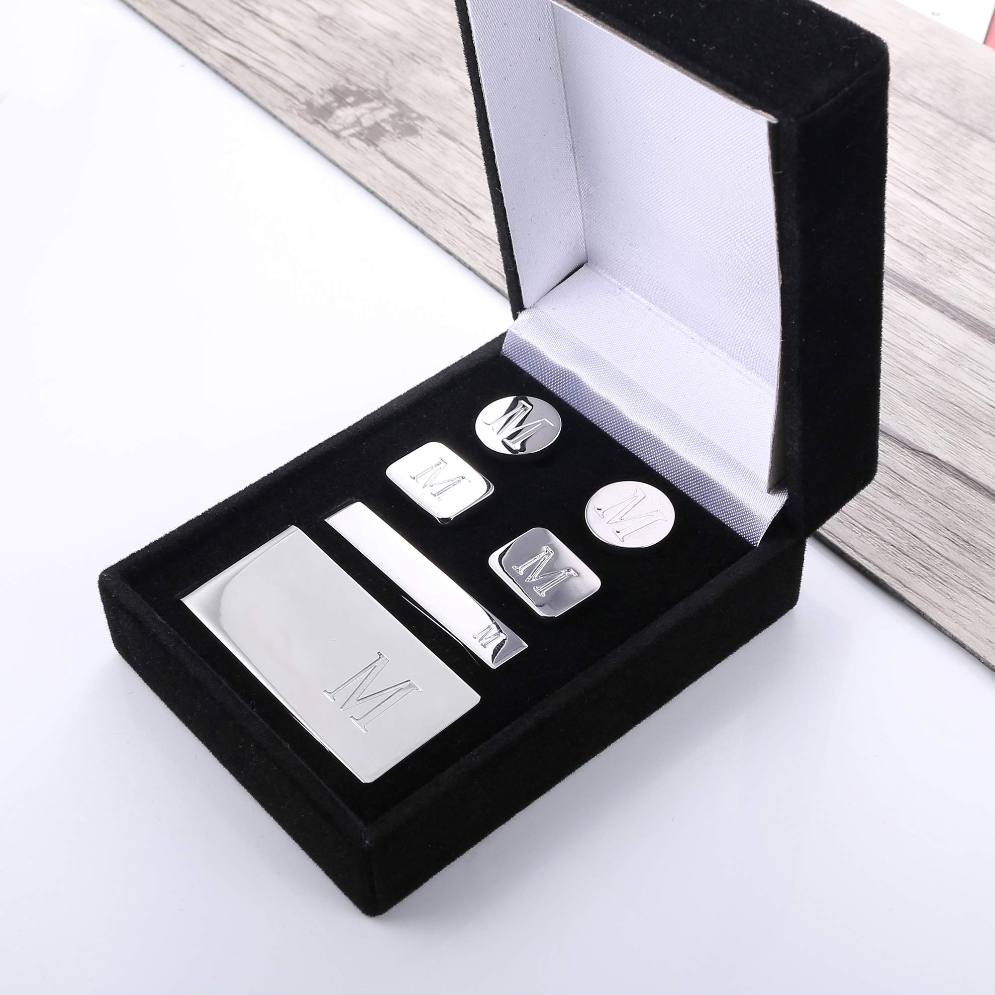 JOERICA 6 PCS Engraved Initial Cufflinks Tie Bar Money Clip Set Shirt Alphabet Letter Wallet Tie Clip and Cufflink Set