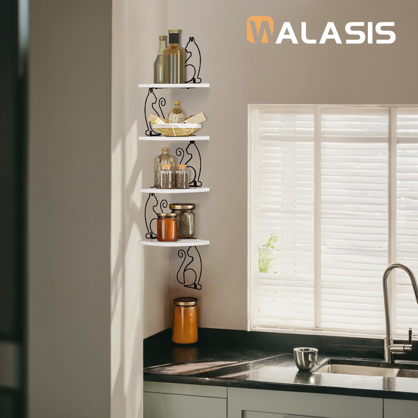 Walasis Corner Floating Shelves 4-Tier- Cute Wall Corner Shelves for Storage Wood Wire Cat Decorations for Bedroom