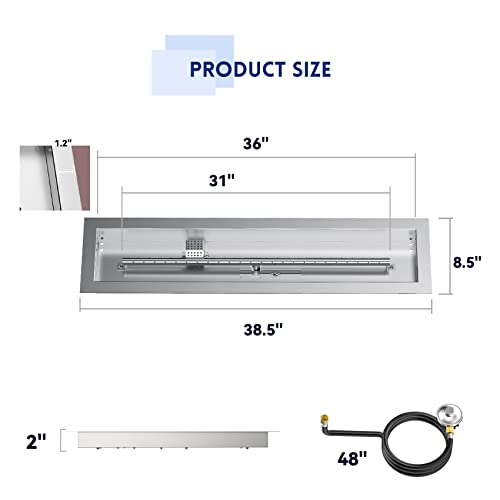 Skyflame 36" Linear Stainless Steel Fire Pit Drop-in Burner Kit with Flame Sensing, Electronic Spark Ignition, CSA Certified, and Propane Regulator Connector Hose Set for Propane Tank