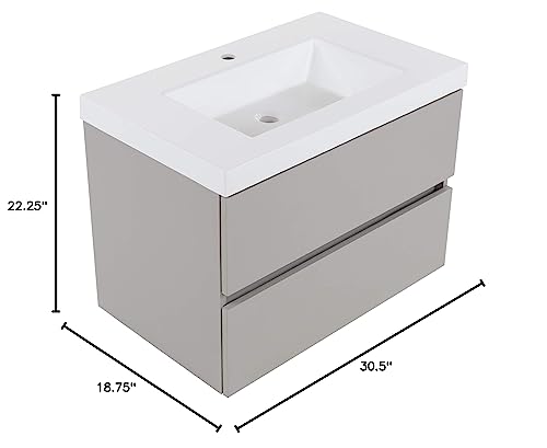 Spring Mill Cabinets Innes Floating Bathroom Vanity with 2 Drawers and White Sink Top, 30.5" W x 18.87" D x 22.25" H,Grey