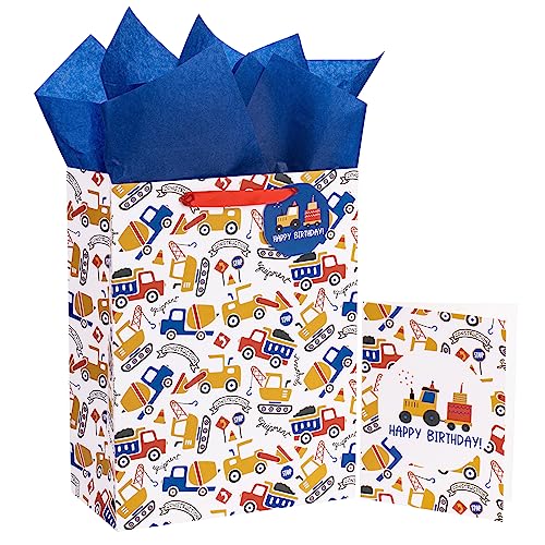 WRAPAHOLIC 13" Large Birthday Gift Bags with Card and Tissue Paper - Car Design for Kids Birthday, Gift Wrap