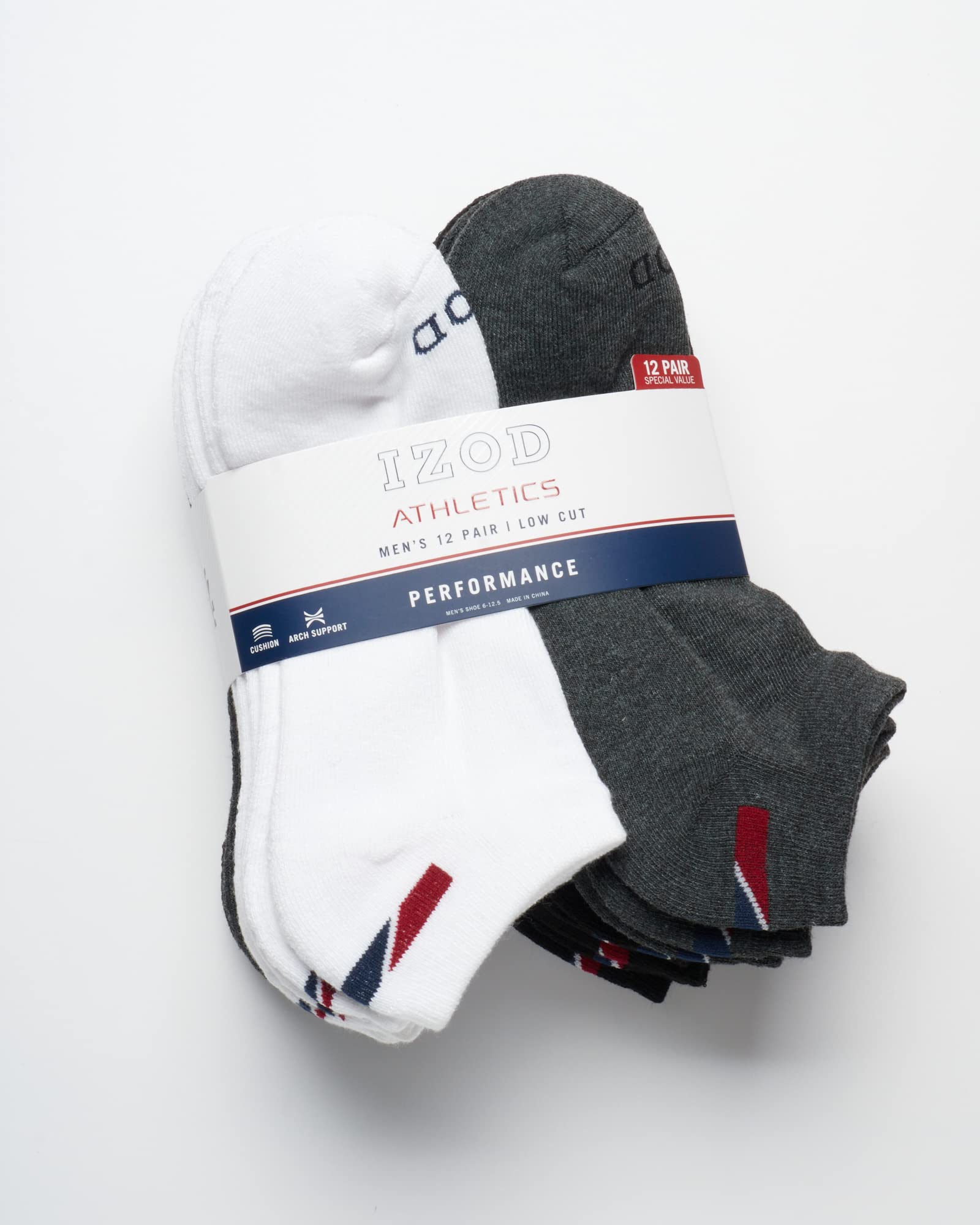 IZOD Men's Athletic Socks - Performance Cushion Low Cut Socks (10 or 12 Pack), Size 6-12.5, White (10PK)