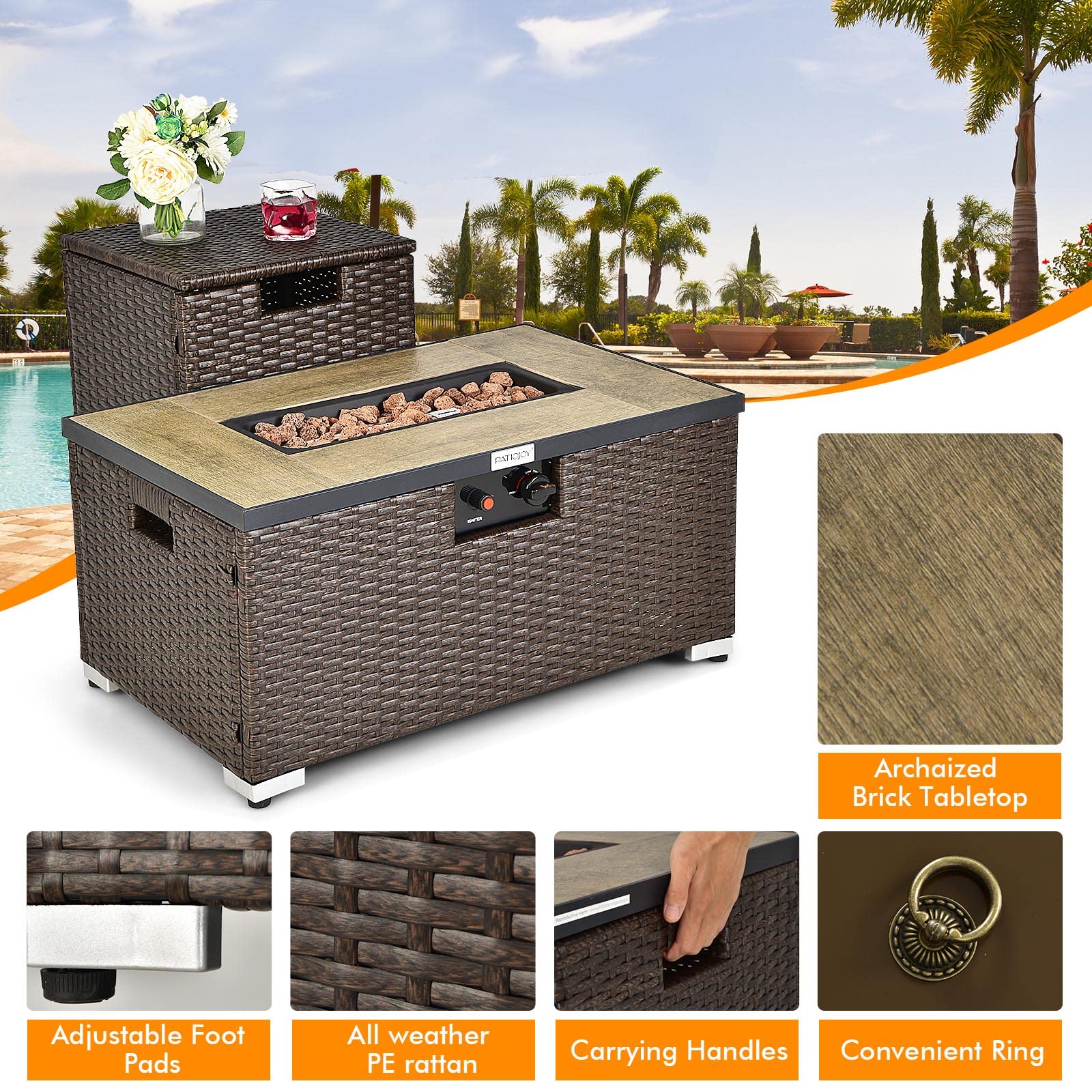 Tangkula 2 Piece Outdoor Propane Fire Pit Table Set with Hideaway Propane Tank Holder, Patiojoy 40,000 BTU Rattan Wicker Fire Pit Table with Lava Rocks, Waterproof Cover, Ideal for Backyard, Patio