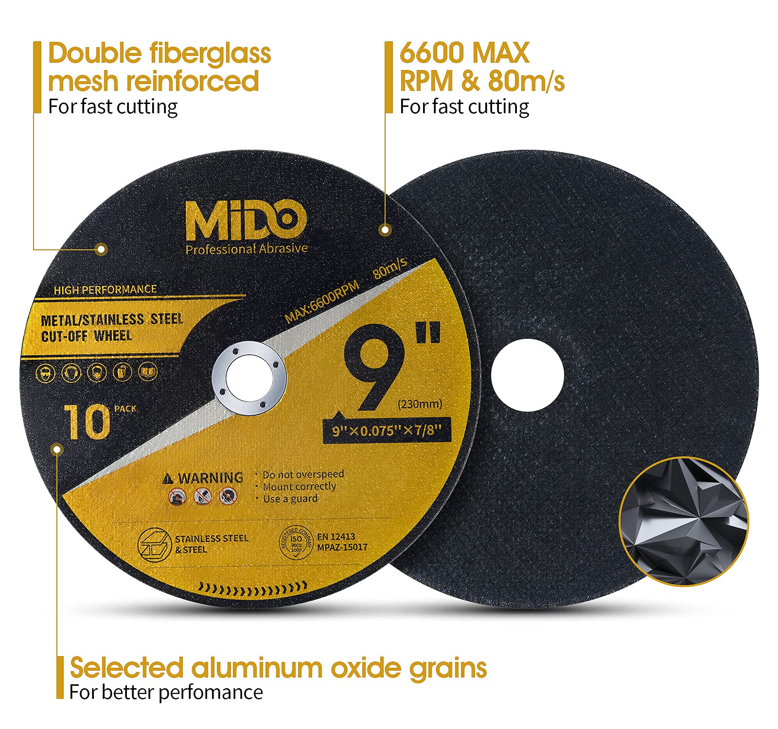 MIDO Professional Abrasive 10 Pack Cut Off Wheels 9 Inch Cutting Wheel 9β x .075β x 7/8β Metal&Stainless Steel Cutting Disc Fit for Angle Grinder