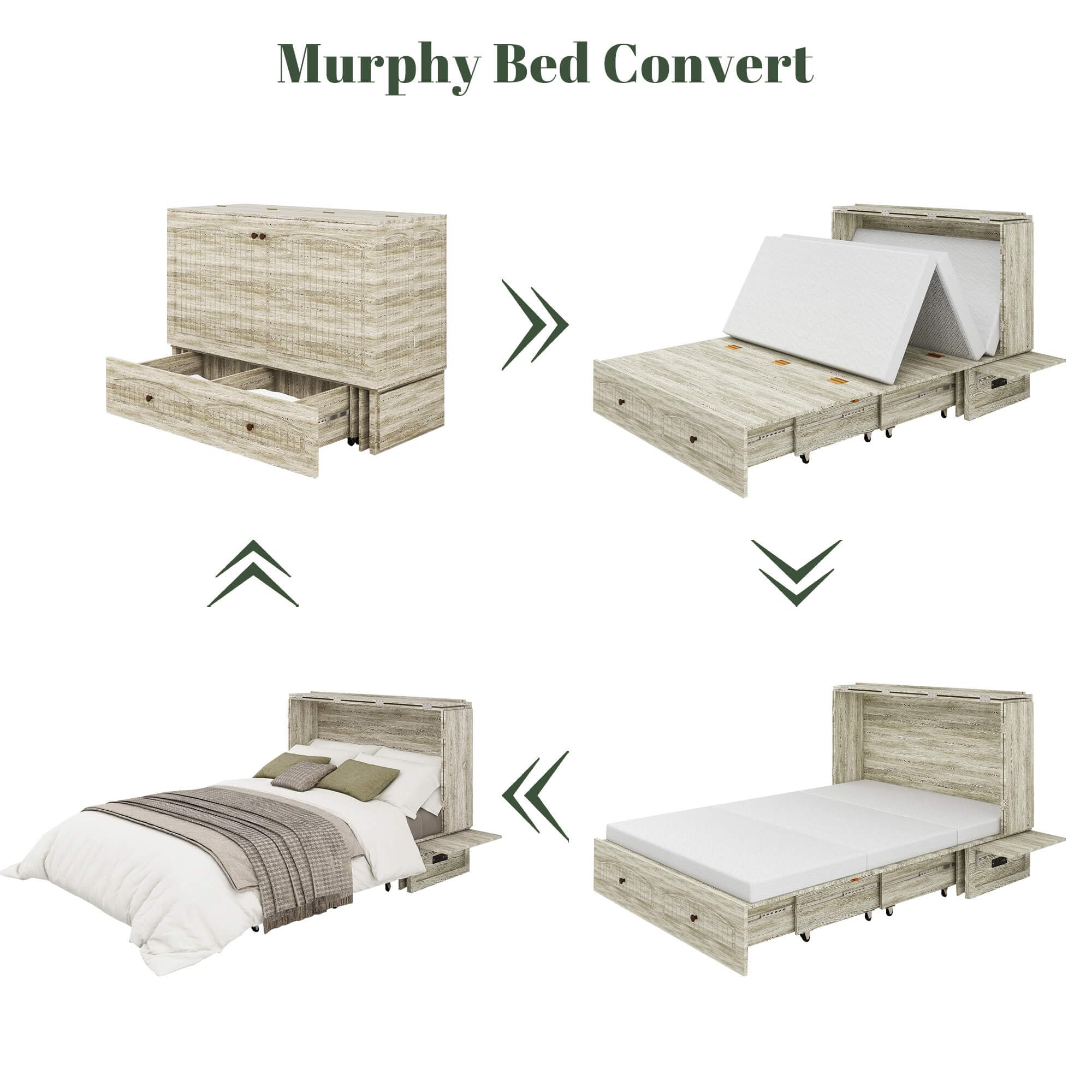 UrbEleg Murphy Bed Cabinet, Queen Murphy Bed with Drawer Includes Folding Mattress, Murphy Bed Cabinet with USB and Charging Port, Murphy Bed Queen Suit for Bedroom, Reddish-Brown Cabinet Bed, Bed