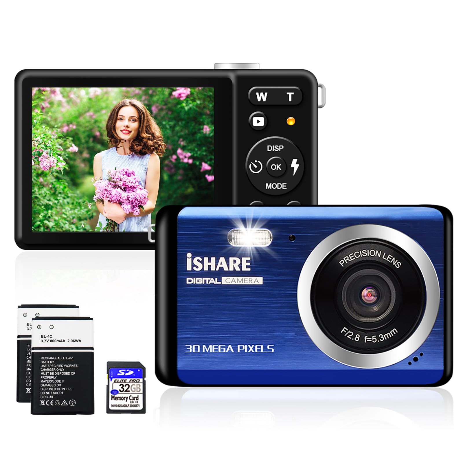 ISHARE Digital Camera for Photography, Rechargeable 30MP Point and Shoot Camera with 2.8" LCD 18X Digital Zoom for Kids Teens Elders(32GB Card & 2*Battery)