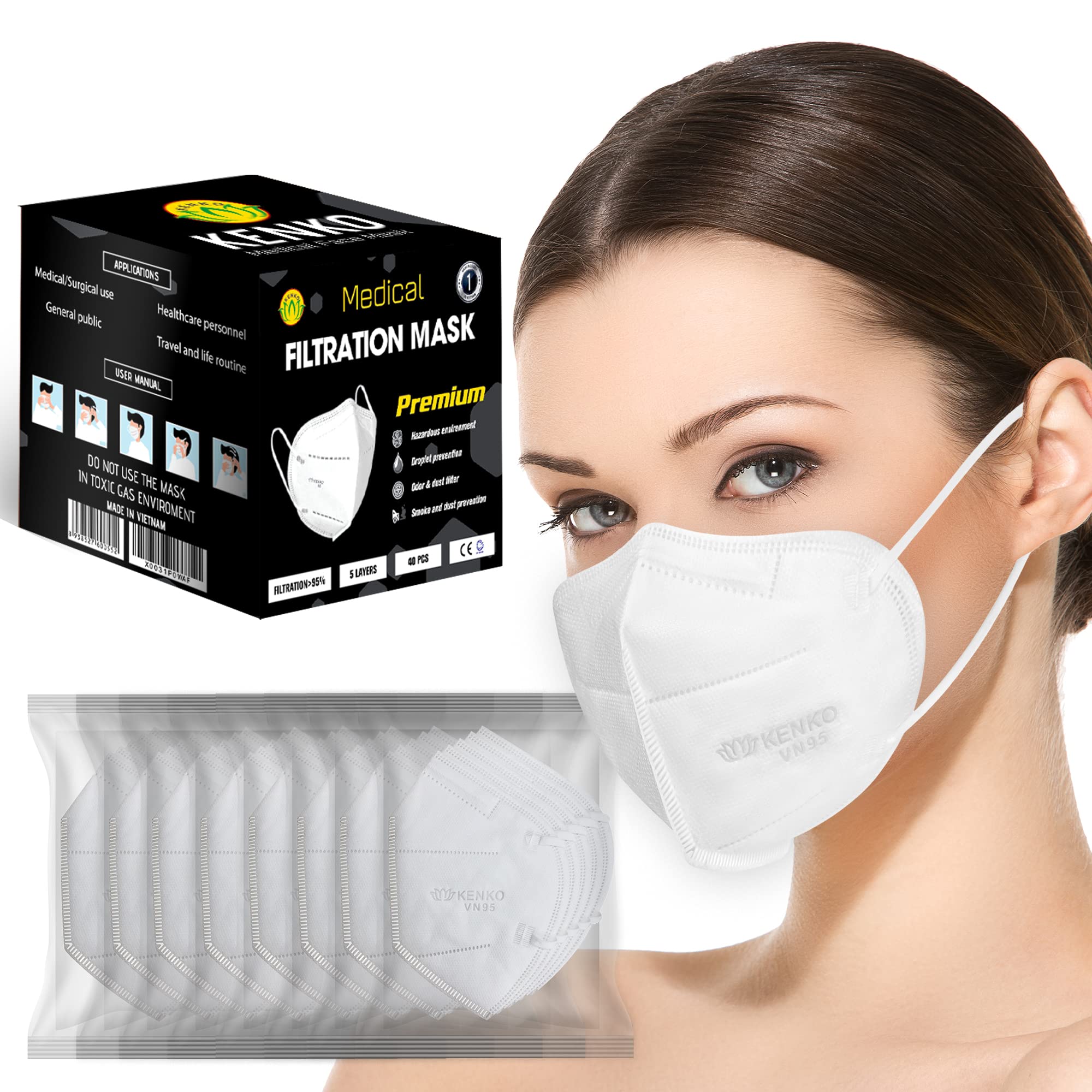 Kenko Medical Face Masks 5 Layers 5D Design Premium White 20 pcs Disposable Breathable Filtration Mask Respirator Cup Dust Safety (20, White)