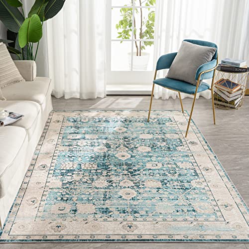 Syalife Washable Rug Vintage Area Rugs, 5'x 7' Living Room Rug with Non Slip Backing, Ultra-Thin Medallion Distressed Non-Shedding Rug, Vintage Floor Mat Indoor Rug USI001-57FG04GR