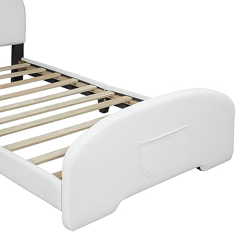 Twin Size Upholstered Platform Bed with Bear-Shaped Headboard and Footboard,Pu Leather Upholstered Platform Bed Frame,Wooden Slats Support, for Kids Teens Boys Girls (White-3)