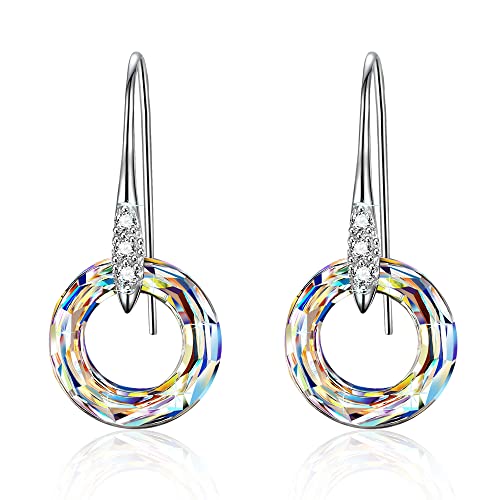 Malanda 925 Sterling Silver Circle Drop Earrings for Women Swarovski Crystal Hook Dangle Earrings Birthday Jewelry Gift for Mom (Crystal Aurora Borealis)