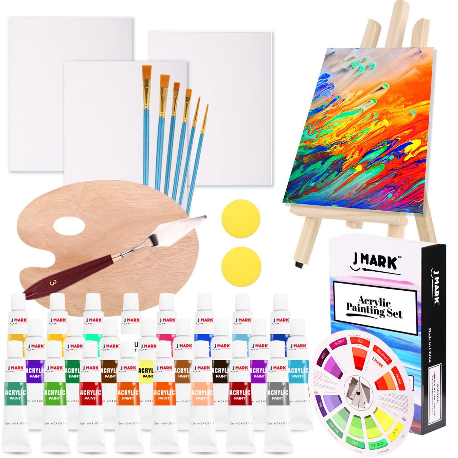 J MARK Canvas and Paint Set ā 39 Pcs Set, 24 Acrylic Paints, Canvases, Palette, Table Easel and More
