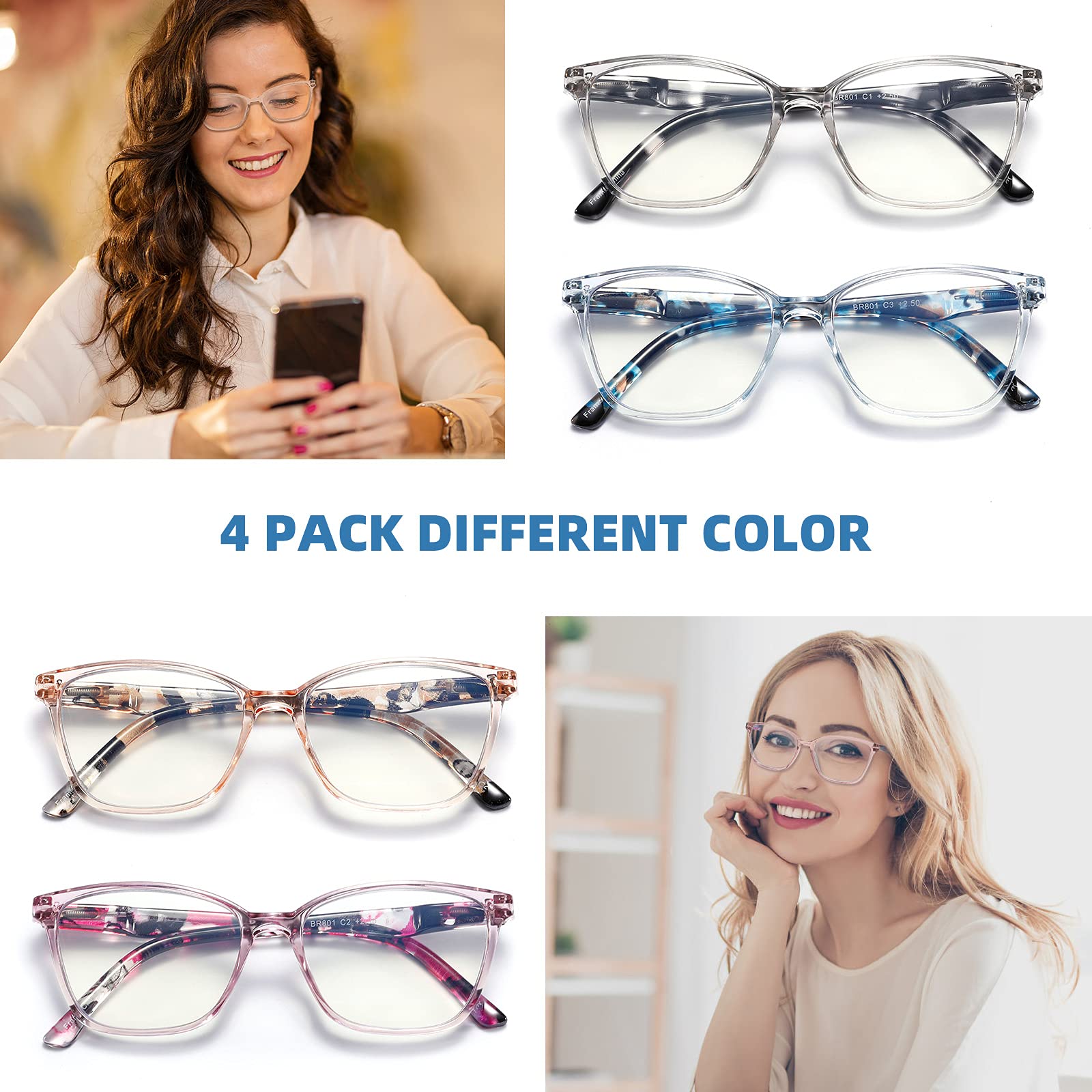 JAWSOCK 4 Pack Reading Glasses Blue Light Blocking for Women Men,Fashion Square Computer Readers with Spring Hinge,Anti Eyestrain Eyeglasses(2.0x)