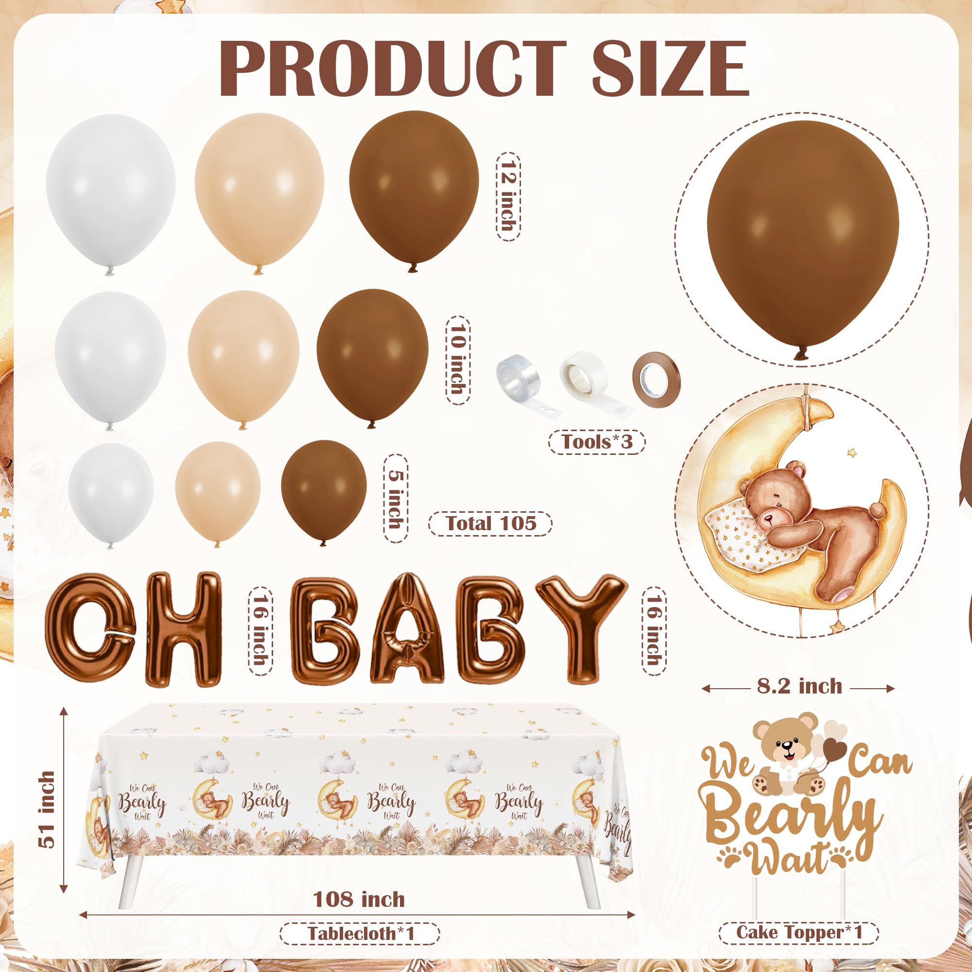 We Can Bearly Wait Baby Shower Decorations, Neutral Teddy Bear Baby Shower with Baby Shower Backdrop Tablecloth Cake Topper Balloon Garland Kit for Cute Bear Gender Reveal Decor